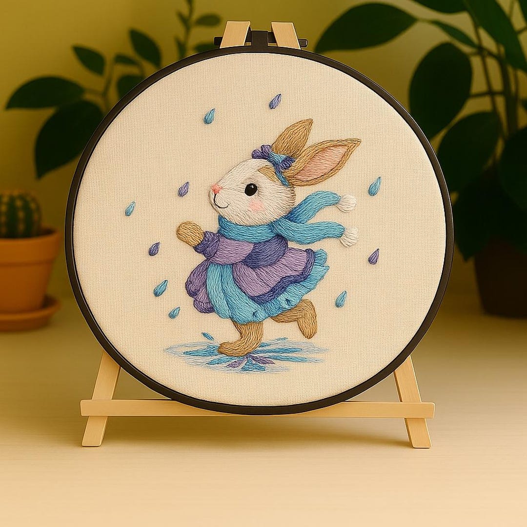 Cute Bunny Girl Embroidery Kit for Beginners, DIY Rainy Day Satin ...