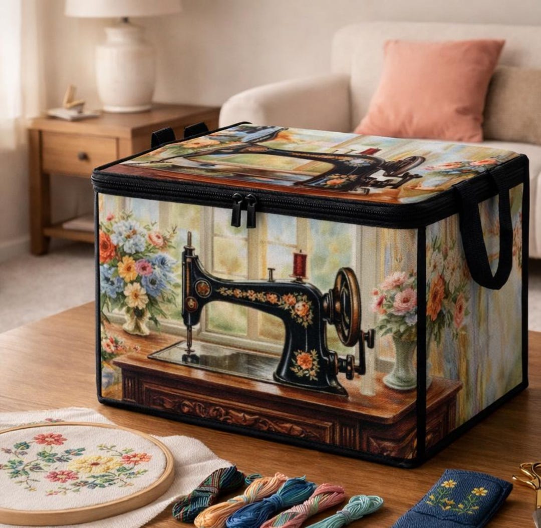 Fabric Sewing Organizer Bag With Vintage Sewing Machine Print, Fabric ...