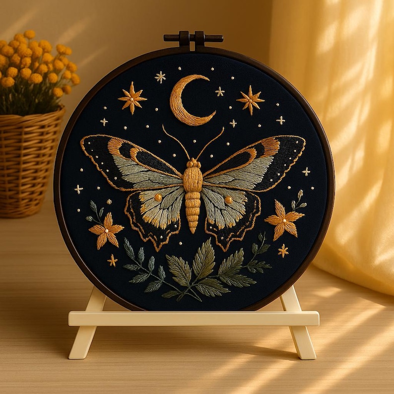 Moon Moth Embroidery Kit With Pre-printed Fabric, DIY Celestial Night ...