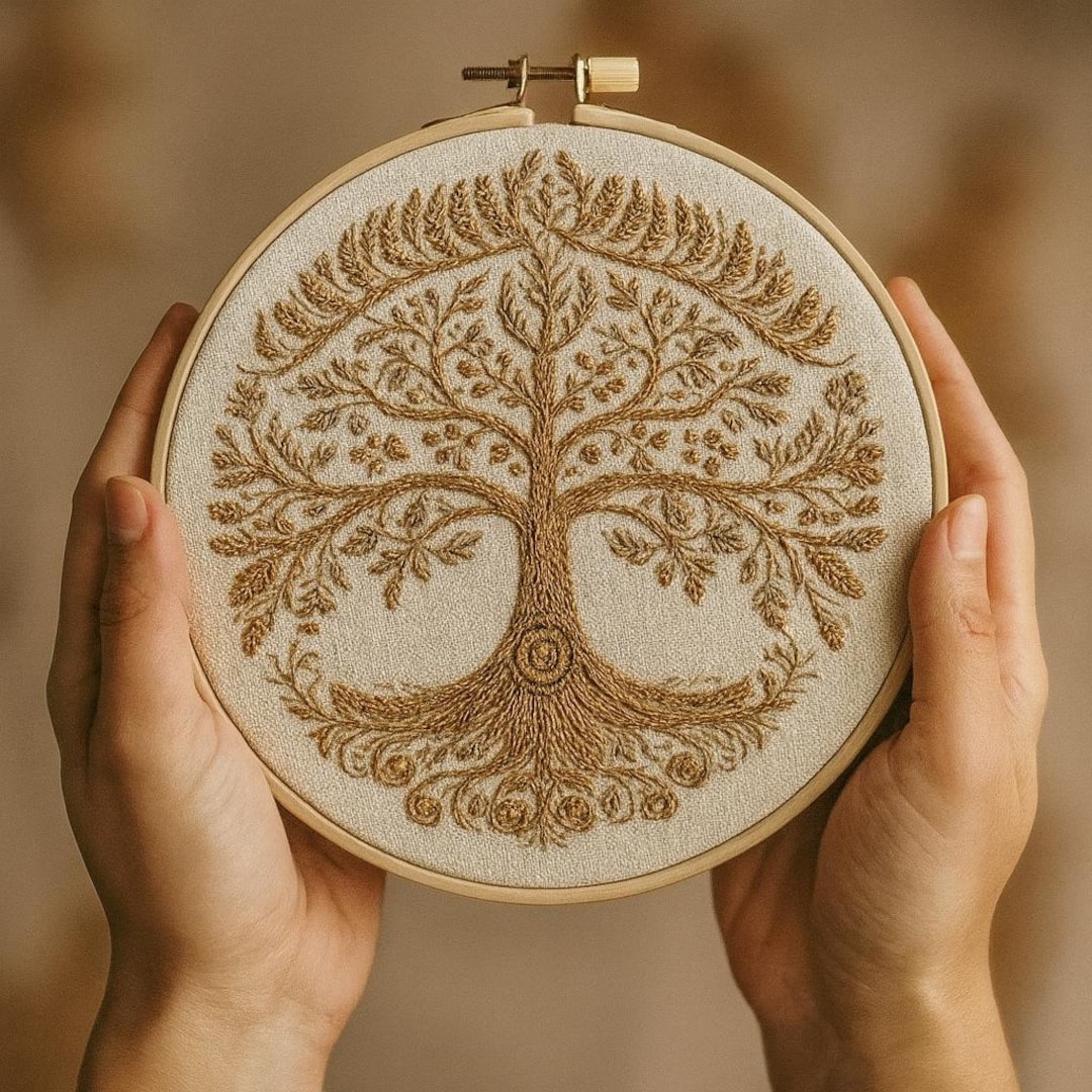 Gold Tree of Life Embroidery Kit for Beginners, Satin Stitch Floral ...