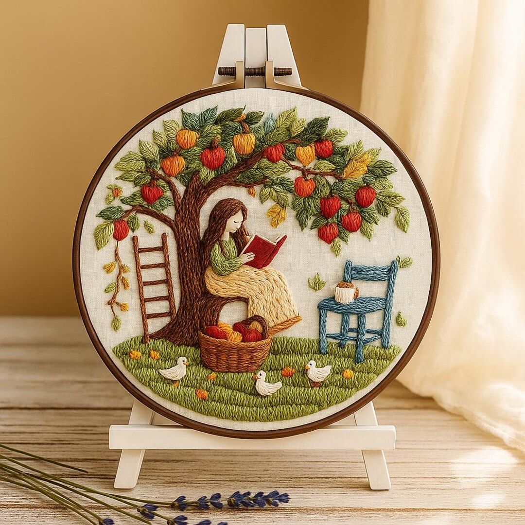 Apple Tree Embroidery Kit: Girl Reading, Autumn Scene Hoop Art - Etsy