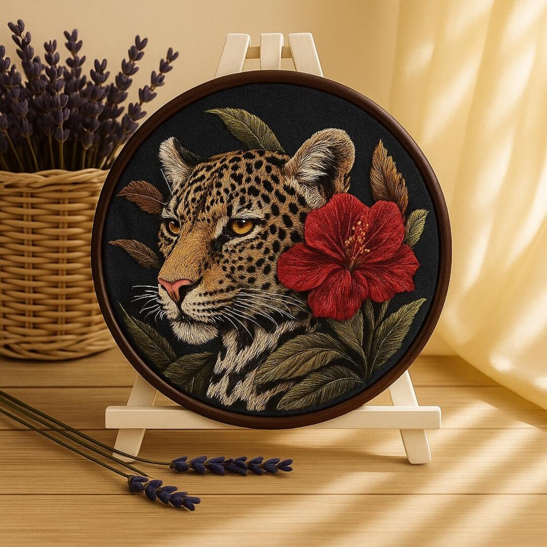 Leopard Embroidery Kit With Red Flower, DIY Jungle Animal Satin Stitch ...