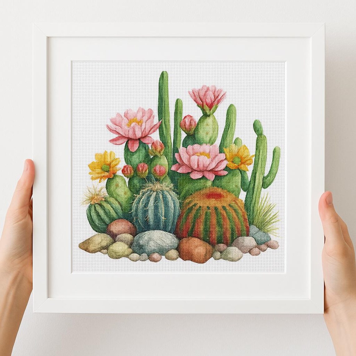 Cactus Cross Stitch Kit: Blooming Flowers, Beginner Embroidery (25x25cm ...