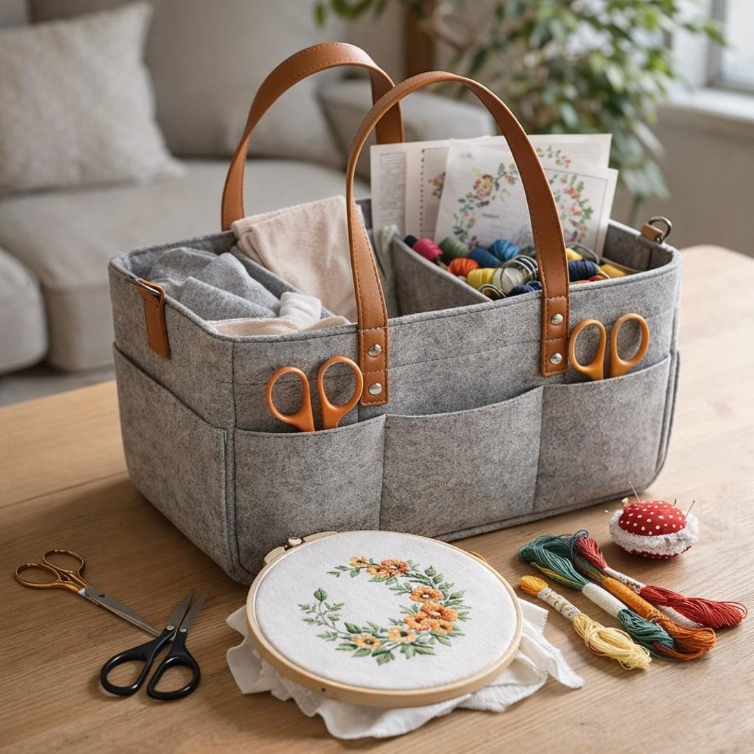 Felt Sewing Organizer Tote Bag With Pockets – Craft Storage Basket for ...