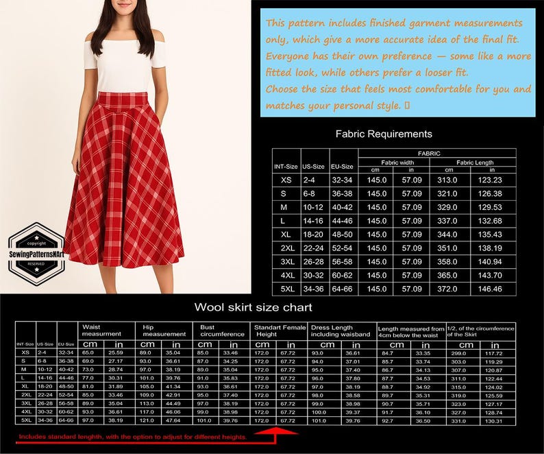 Plaid Wool A-line Midi Skirt Sewing Pattern + Photo Instructions, Xs ...