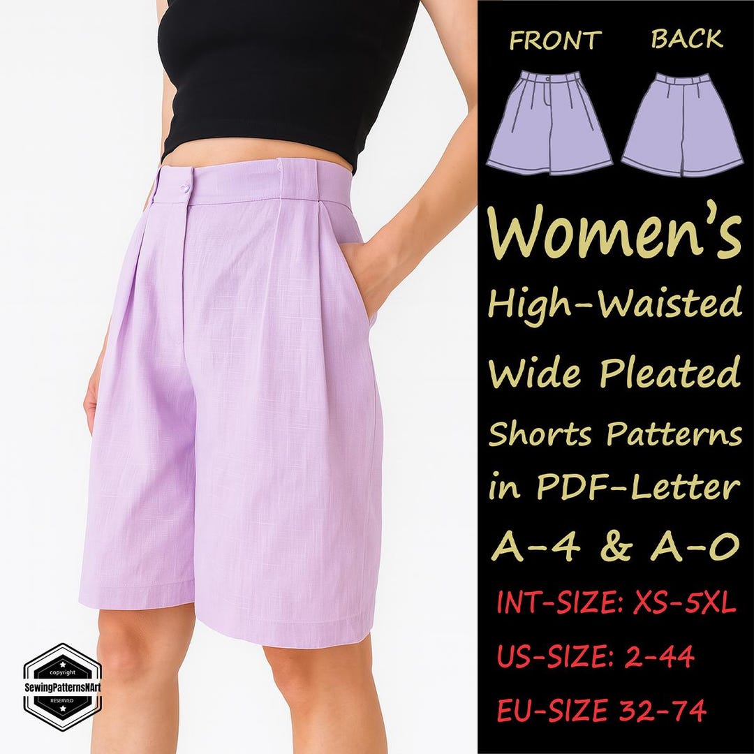 Wide Leg Pleated Shorts Sewing Pattern: High Waisted, XS-5XL (PDF ...