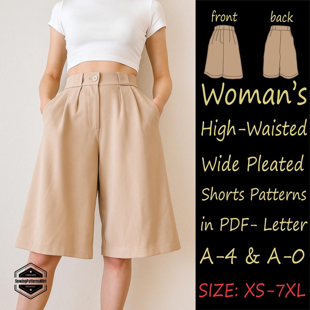 High-waisted Pleated Shorts Sewing Pattern: Wide Leg, Belt Loops (XS ...