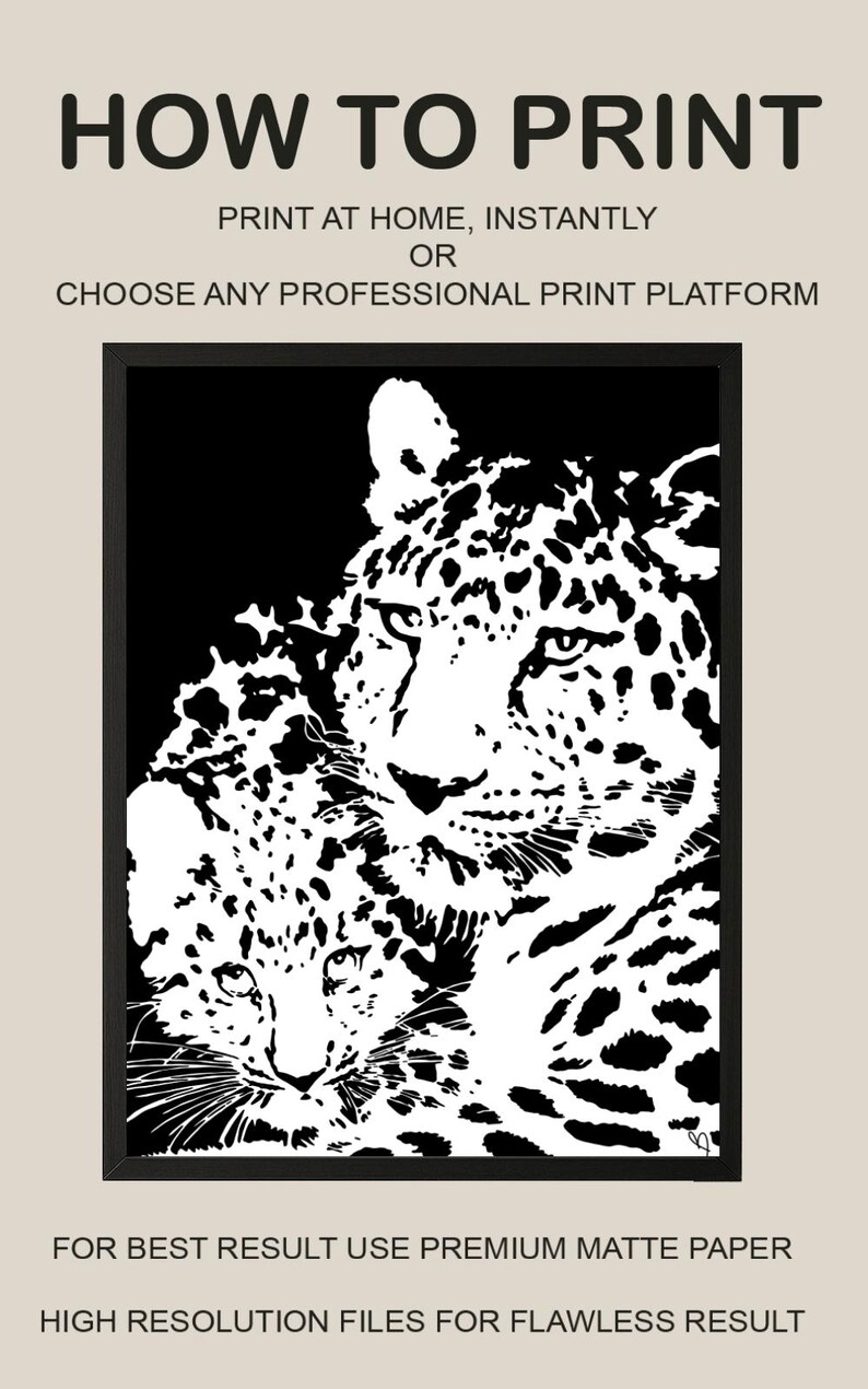 Mother and Baby Leopard – Black & White Illustration - Digital Art ...