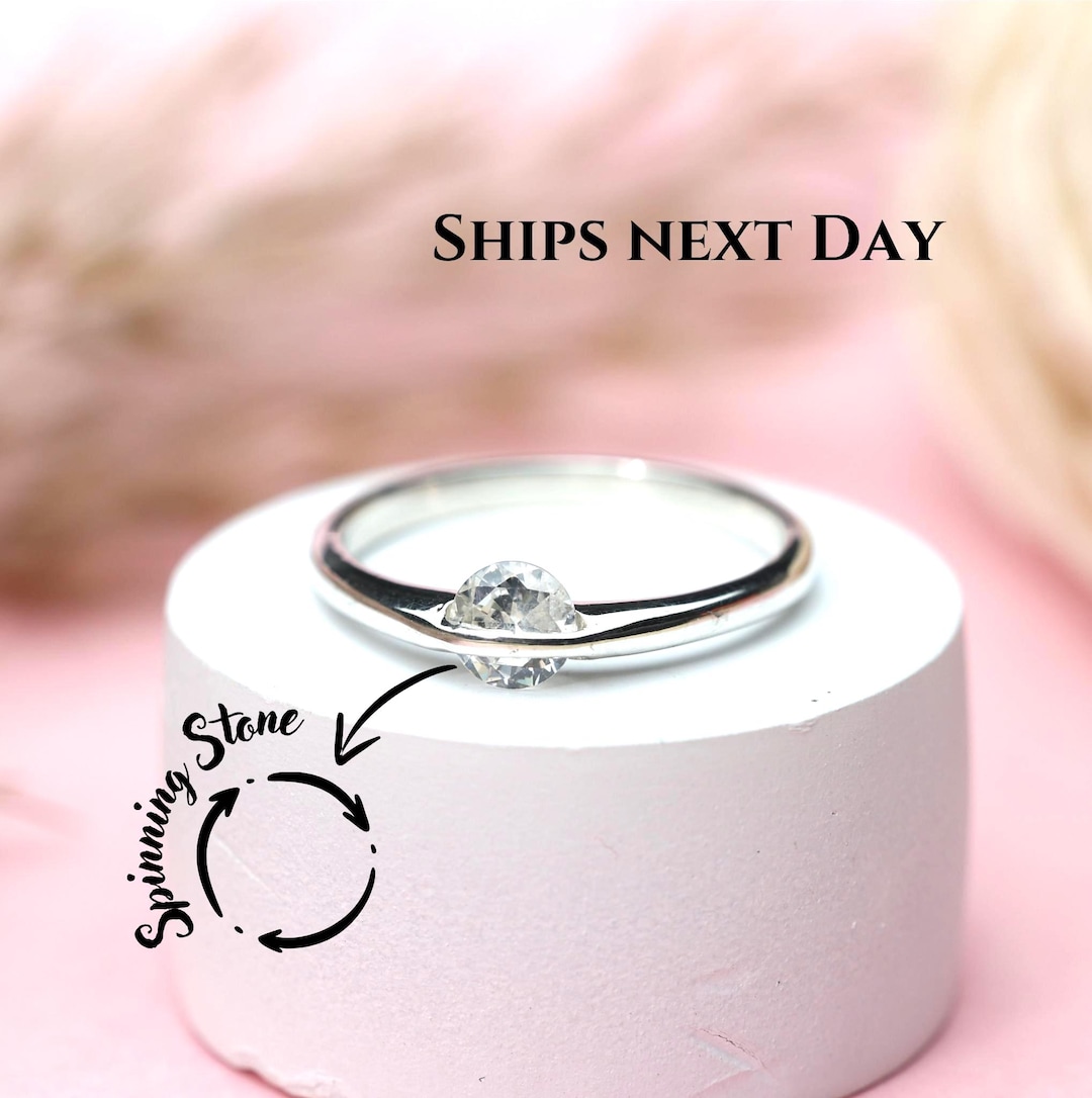 Spinning Ring • 925 Sterling Silver CZ Birthstone Minimalist Anxiety ...