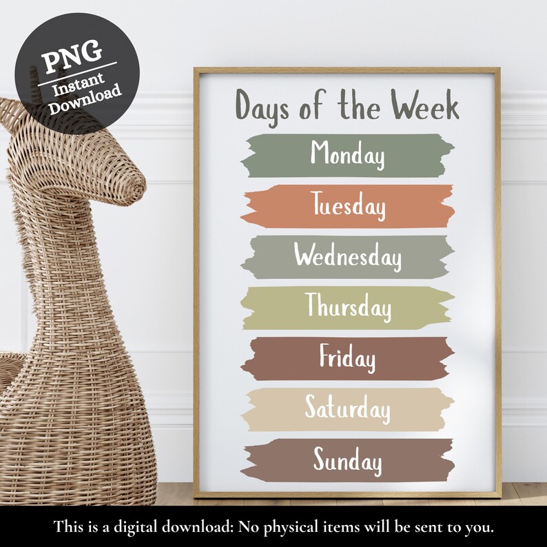 Day of the Week Chart Kid Wall Art Educational Nursery Print Learning ...