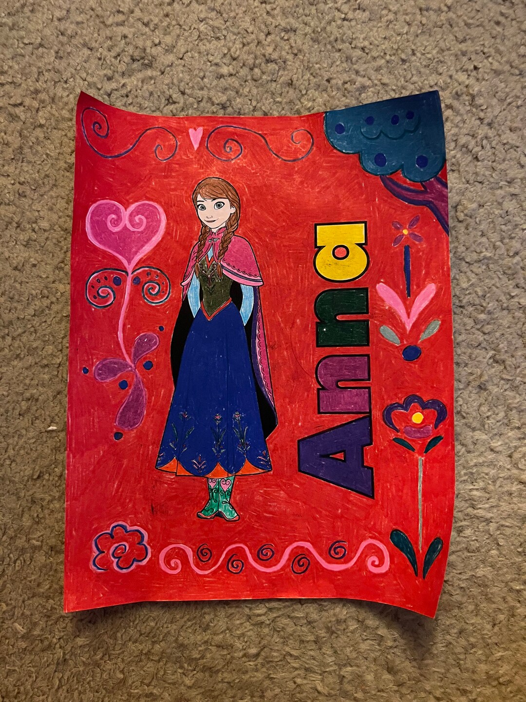 Frozen Anna Hand Colored Coloring Page Illustration Wall Art unframed ...