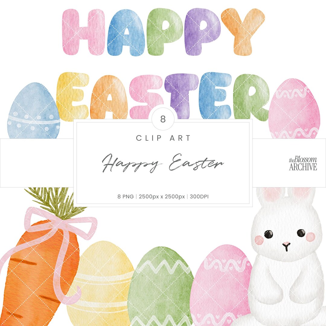 Happy Easter Clip Art Set | Hand-drawn Watercolor Eggs, Bunny, Carrot ...