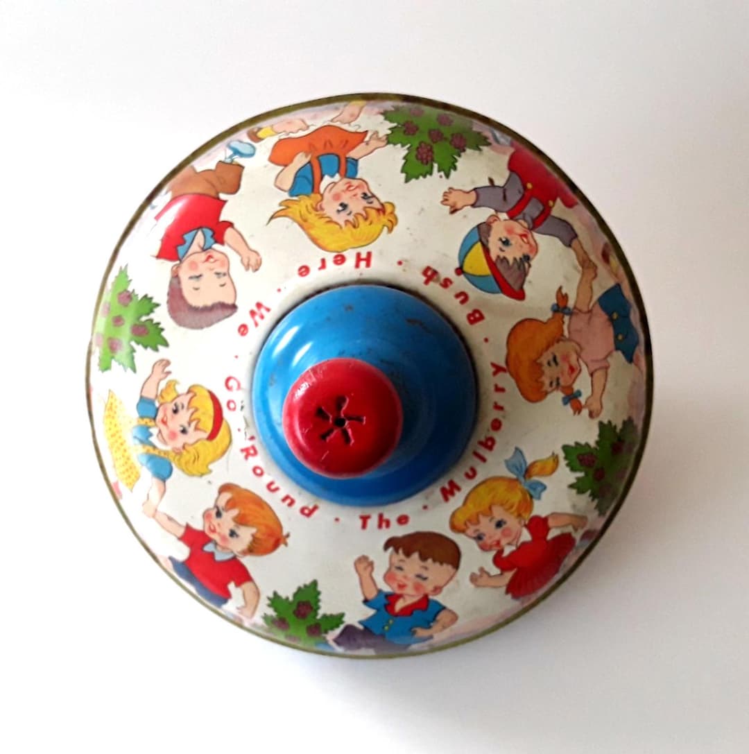 Vintage 1950's Ohio Arts Metal Spin Top "here We Go 'round the Mulberry ...
