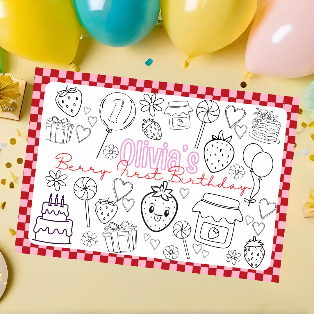 Berry First Birthday Activity Placemat: Printable Coloring Sheet (PDF ...