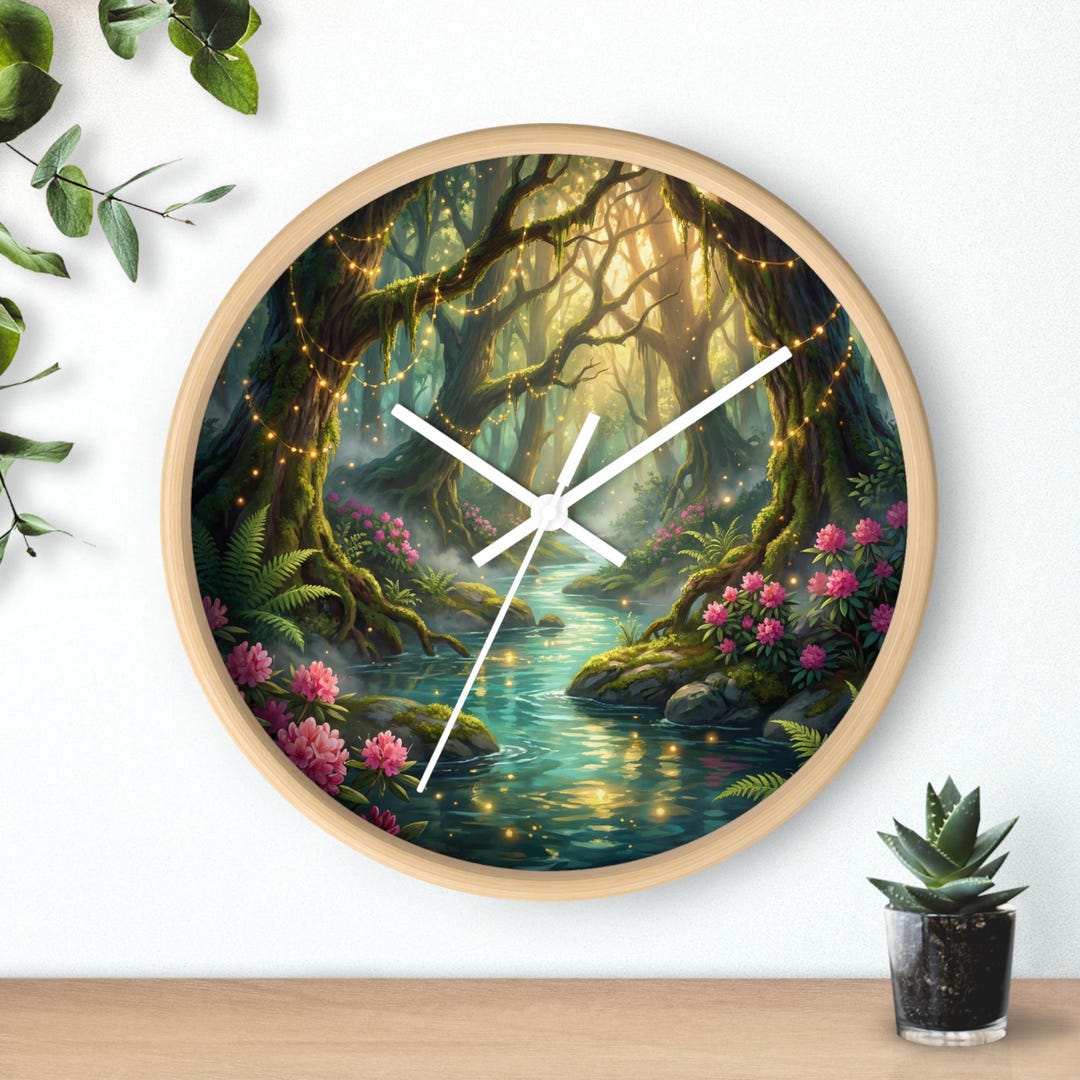 Enchanted Forest Stream Wall Clock | Magical Woodland Scene, Fairy ...