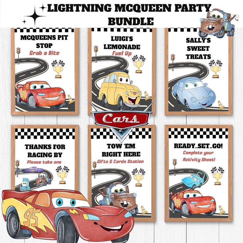Editable Cars Inspired Party Signs: Lightning Mcqueen Food, Games ...