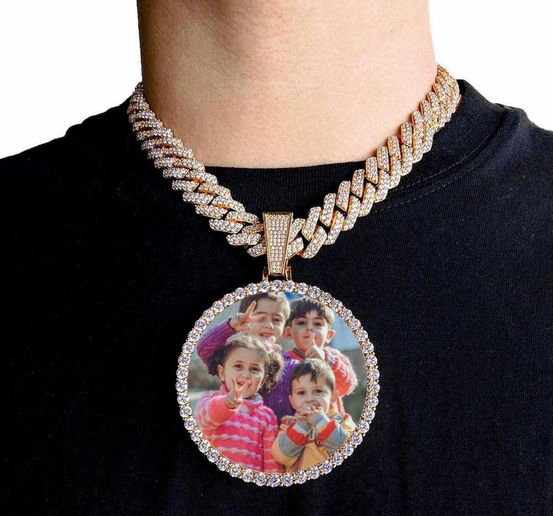 Iced Out Cuban Chain Photo Pendant / Round Memory Medallion Necklace ...