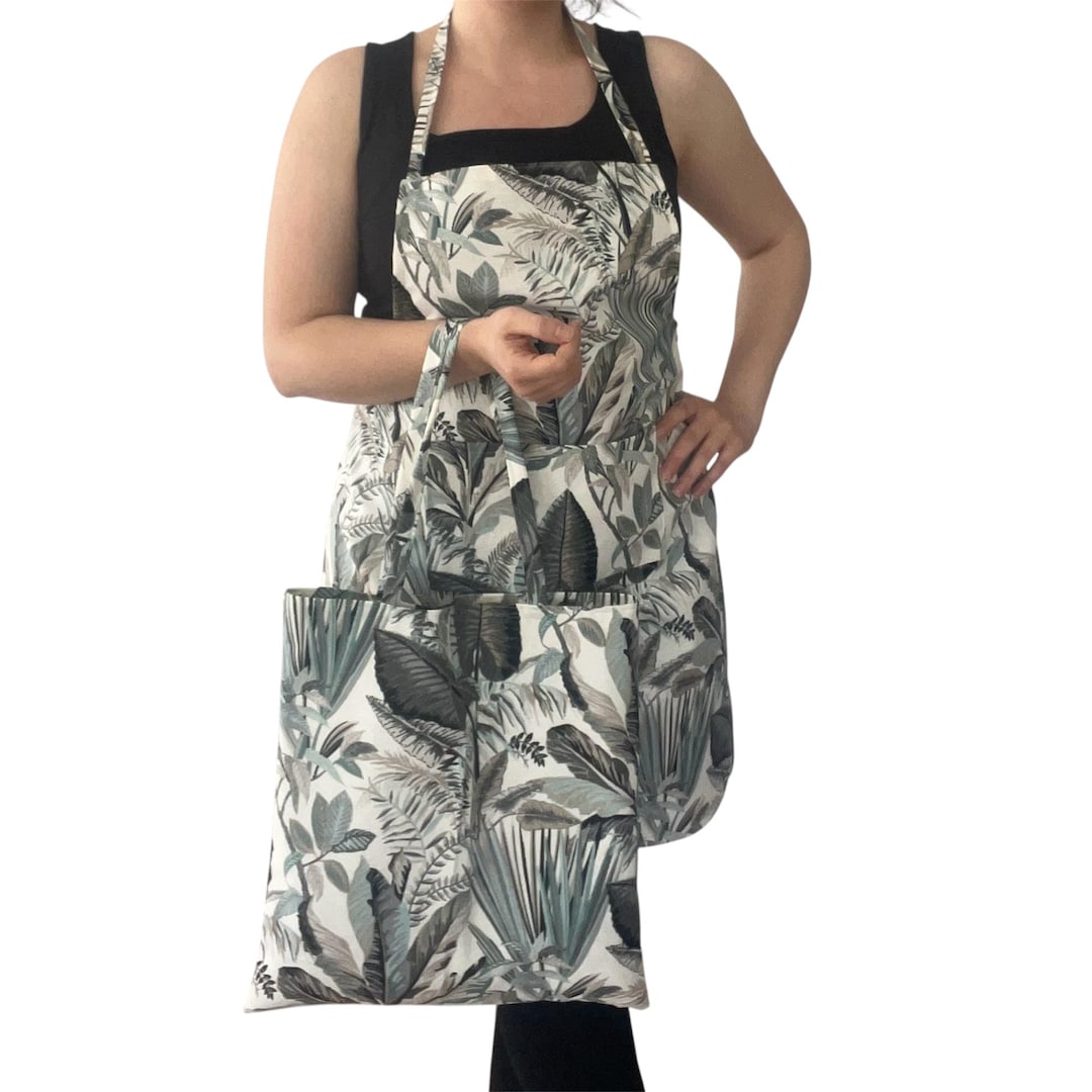 Handmade Full Apron With Botanical Leaf Print and Matching Bread Bag ...