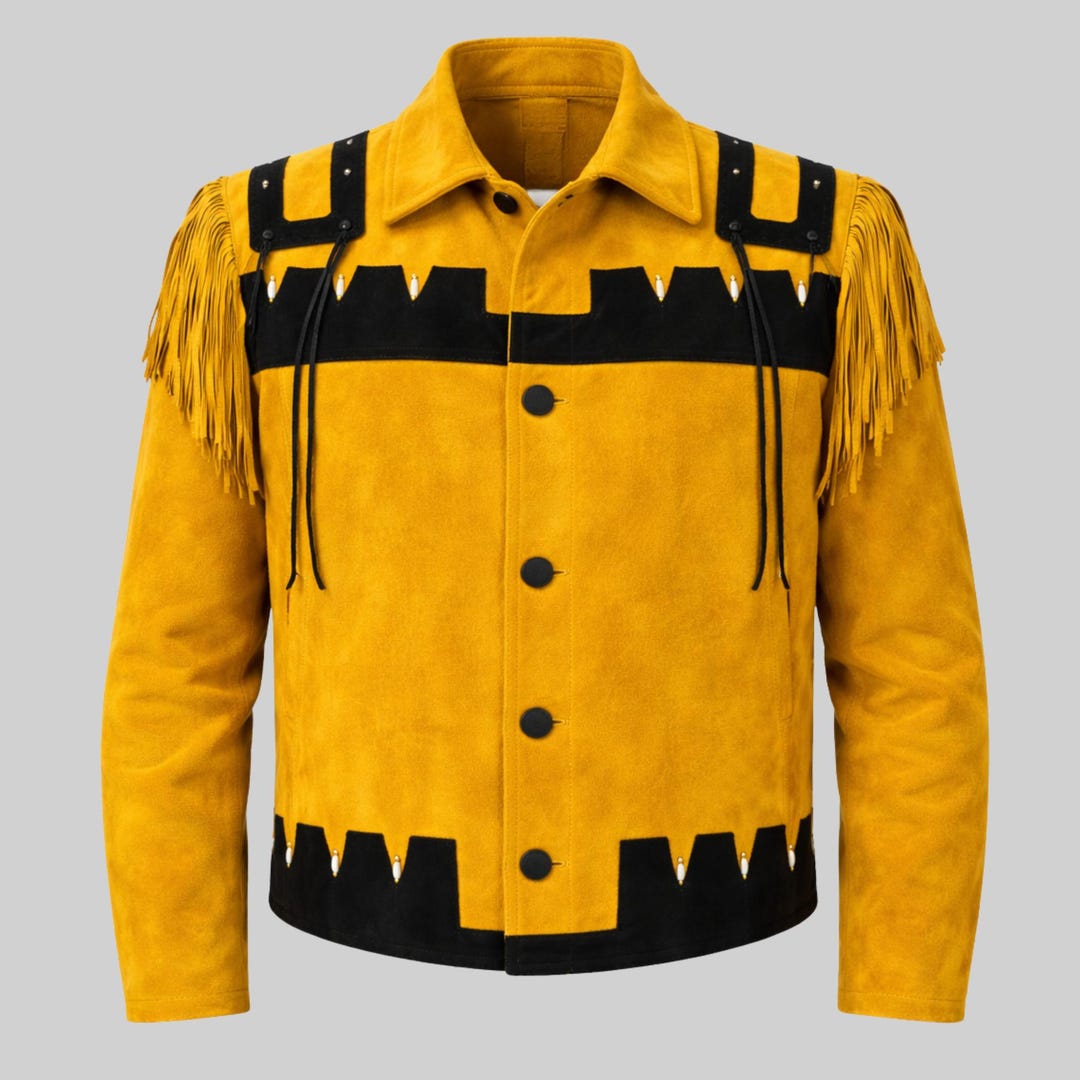 Mens Suede Western Jacket, Yellow & Black Fringe Cowboy Coat Handmade ...