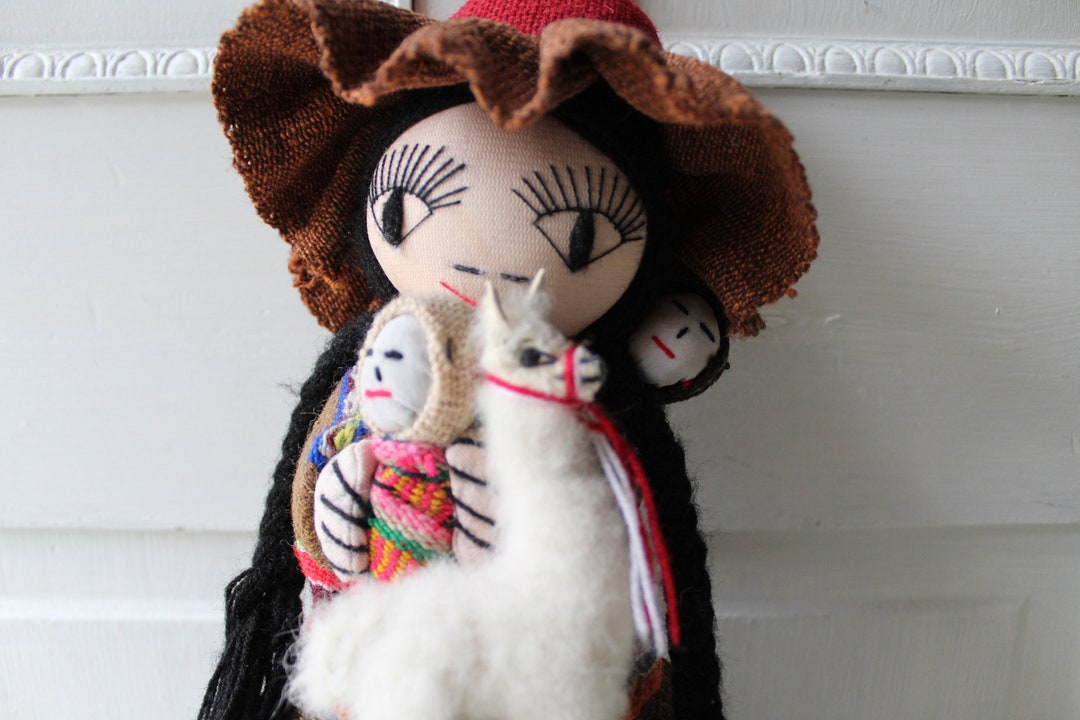 Vintage Peruvian Doll With Embroidered Face Two Babies Llama 15 - Etsy