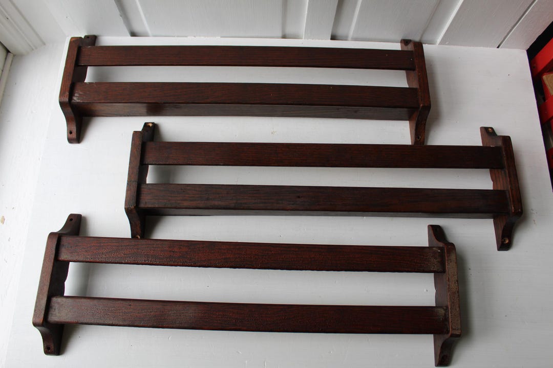 3 Antique Oak Church Pew Bible Hymnal Book Shelves - Wall Mount Book ...