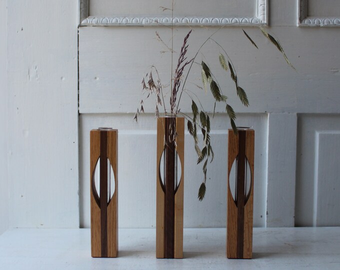 3 Wood and Test Tube Propagation Vases - Bud Vase - Vintage Handmade ...