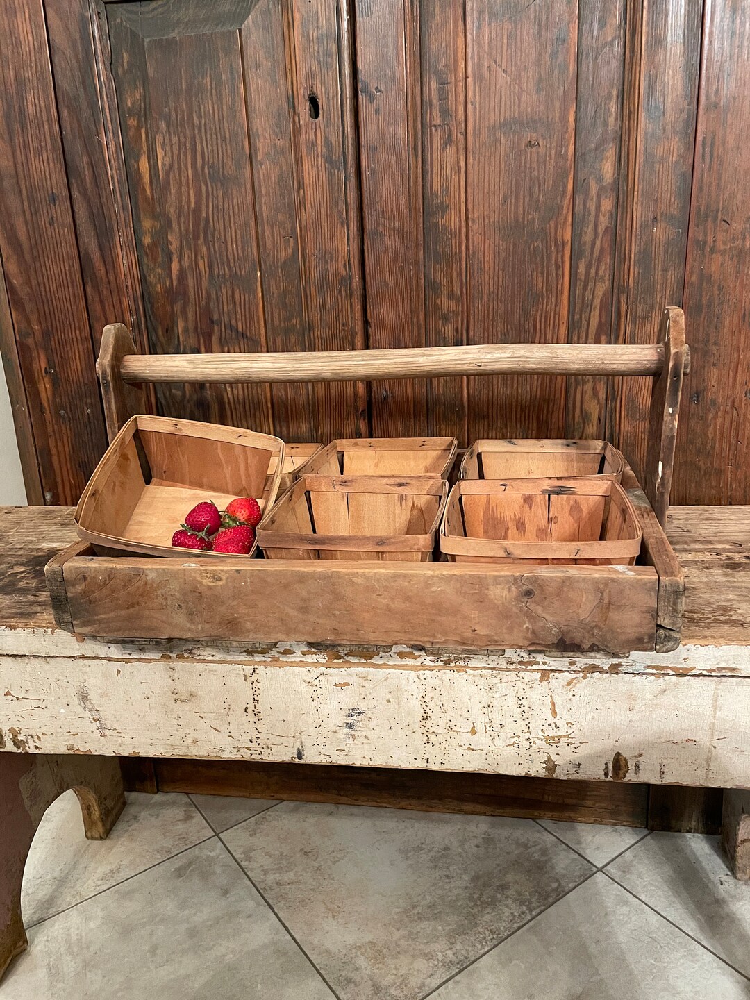 Vintage Wooden Berry Box Carrier With 6 Wooden Berry Baskets, 1940's or ...