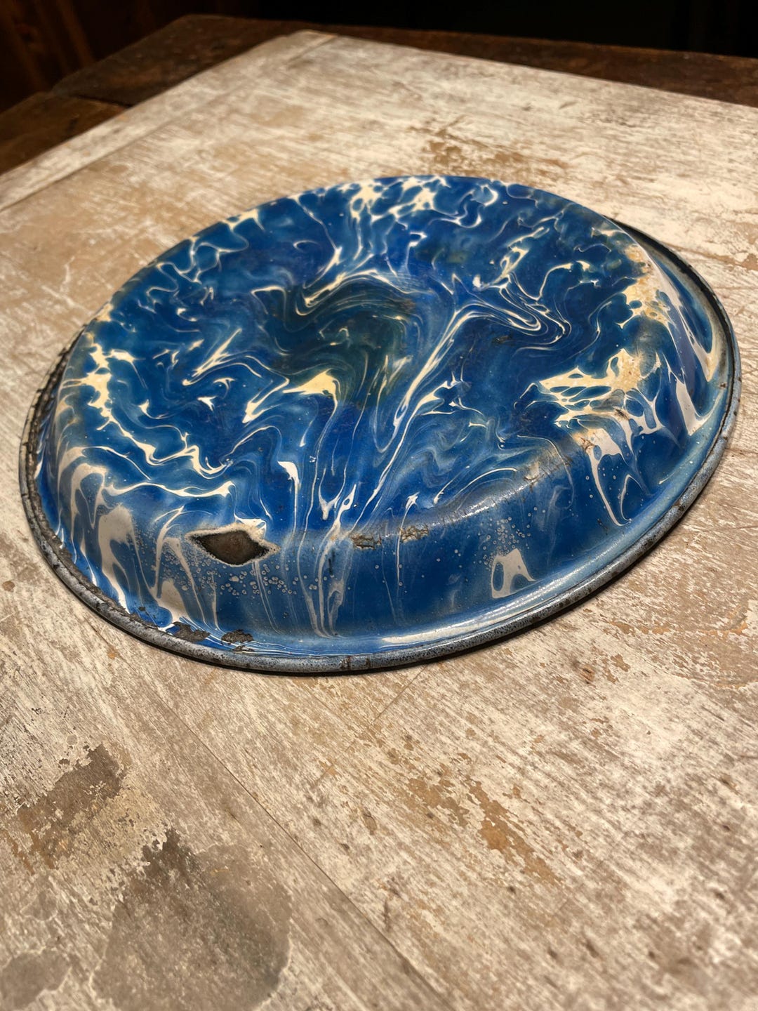 Antique Pie Pan, Blue and White Swirl Enamelware Pie Pan, 1800's Blue ...