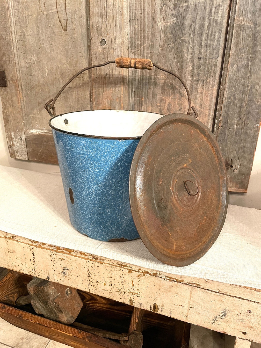 Antique Enamelware Milk Bucket With Tin Lid, 1800's Blue and White ...
