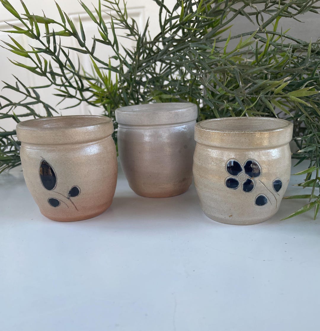 Vintage Lot of 3 Tiny Salt Glazed Crocks, Cobalt Blue Salt Glazed Mini ...