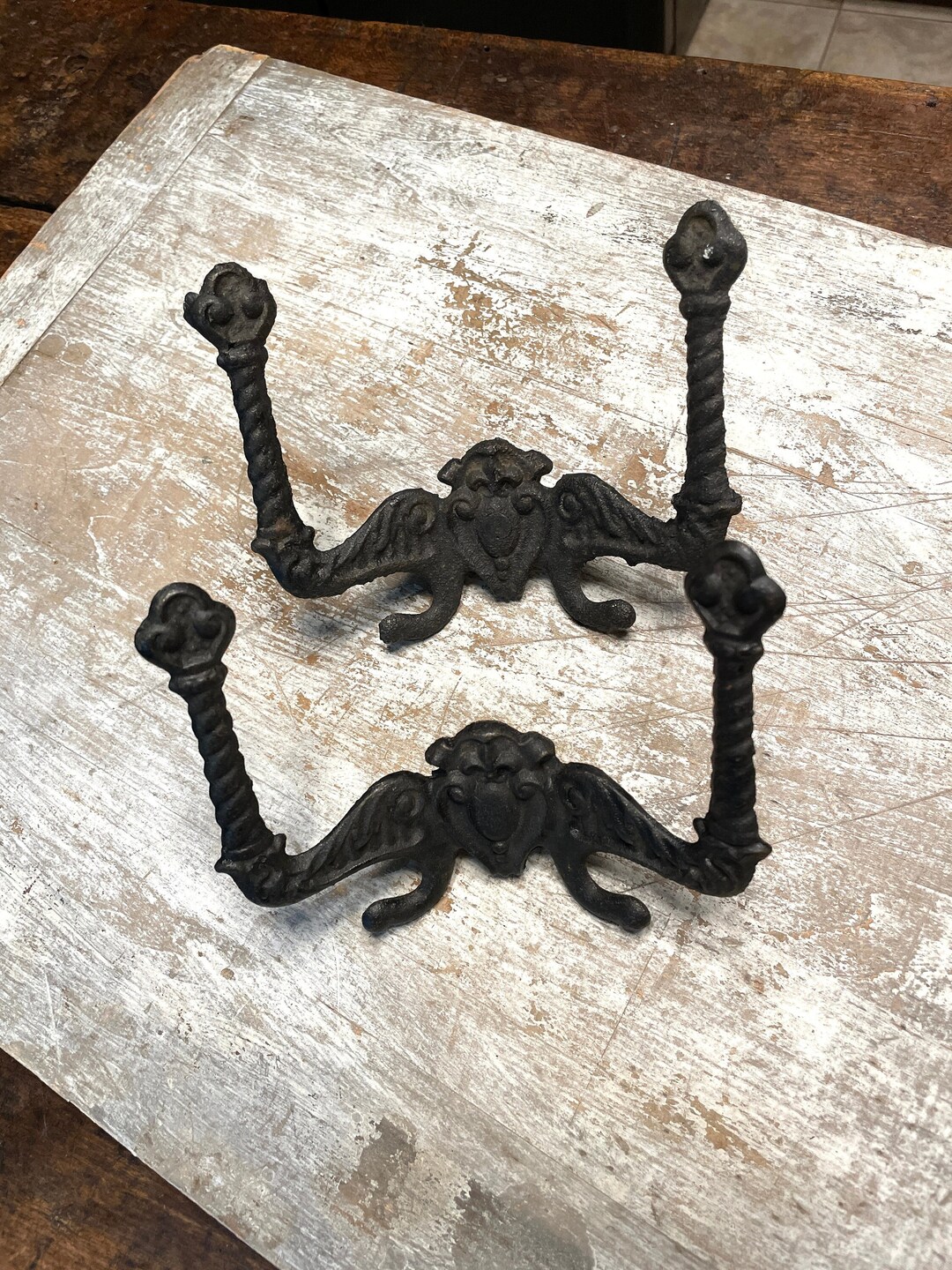 Vintage Pair of Black Iron Wall Hooks, Hat and Coat Hooks ...