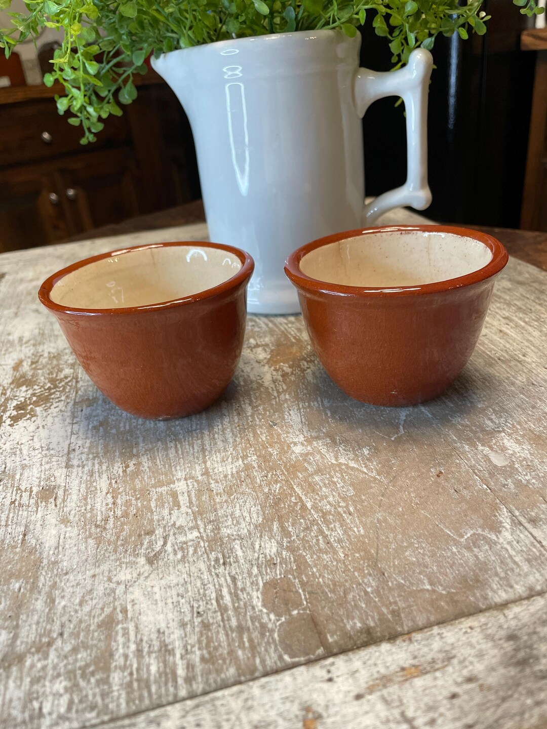 Vintage Set of 2 Redware Pottery Custard Cups or Bowls, Early 1900's ...