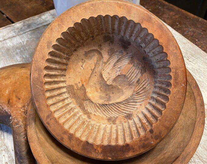 Antique Wooden Butter Mold With Swan Carving 1800's Round Butter Box ...