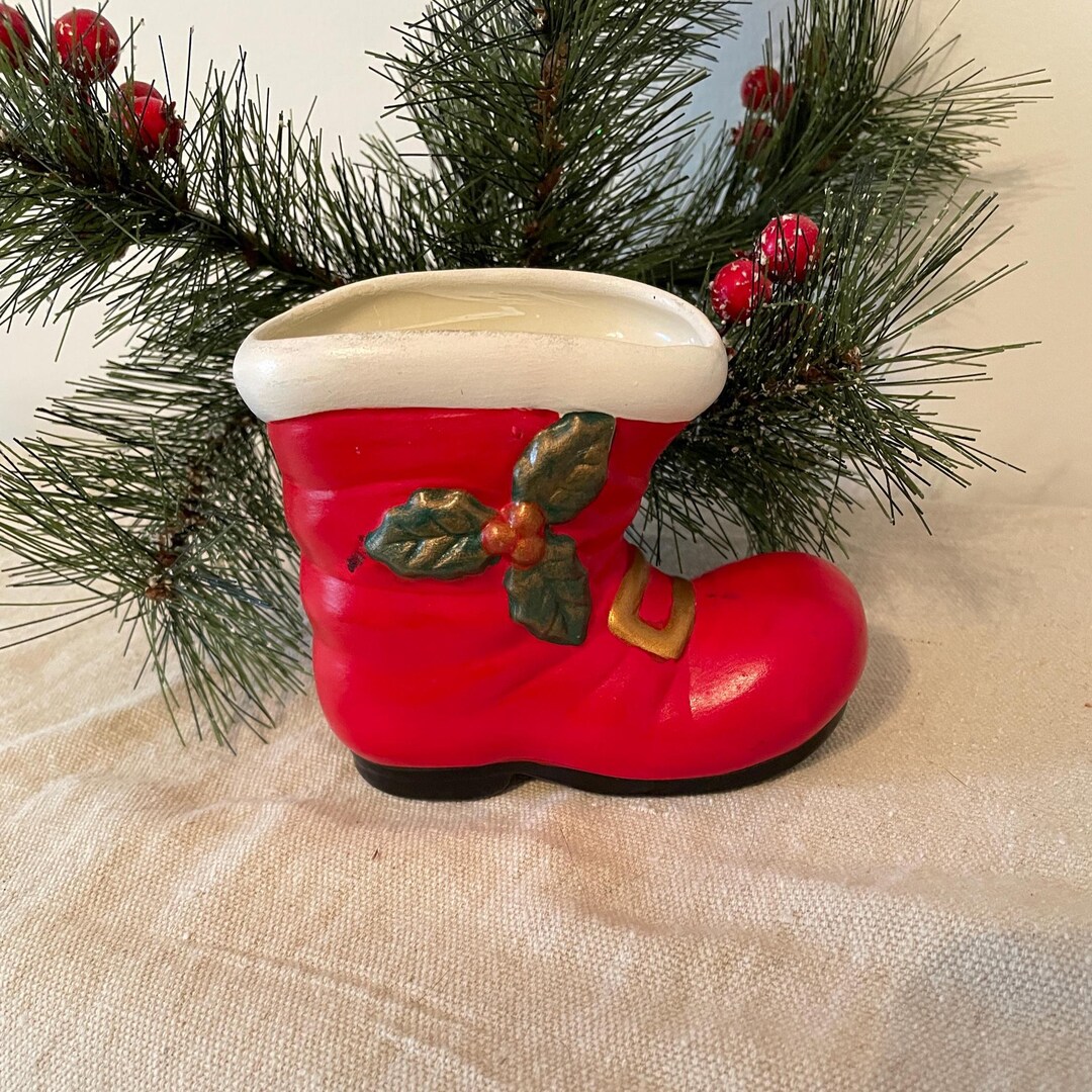 Vintage Ceramic Santa Boot With Holly Berry Decoration - Etsy
