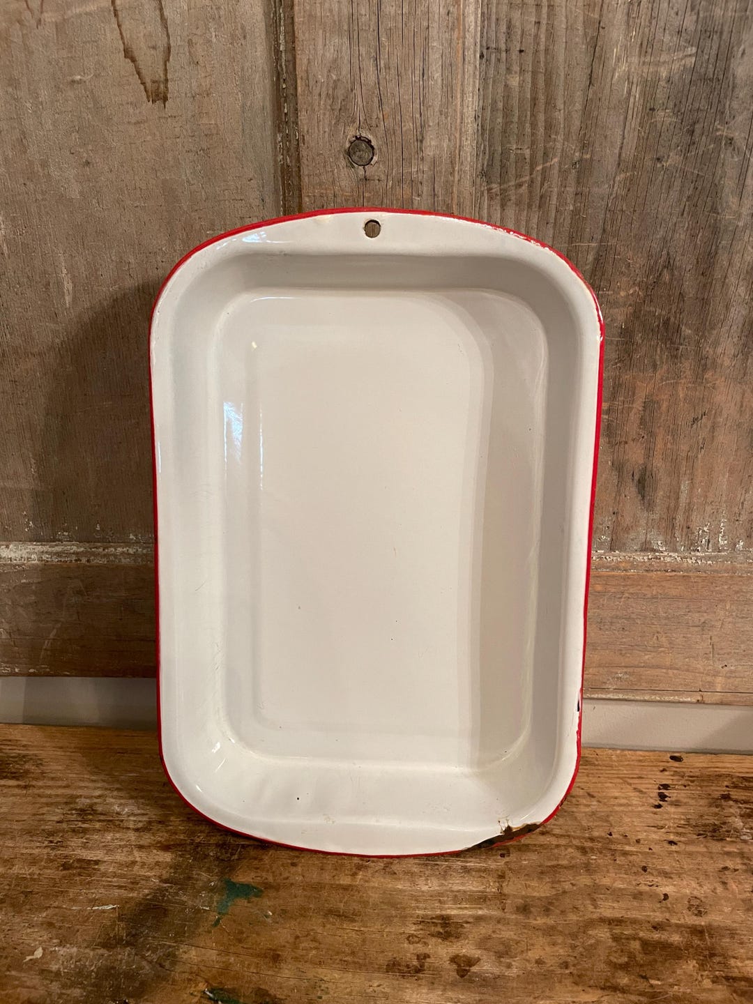 Vintage Large Enamelware Baking Pan 1940's White and Red Enamelware ...