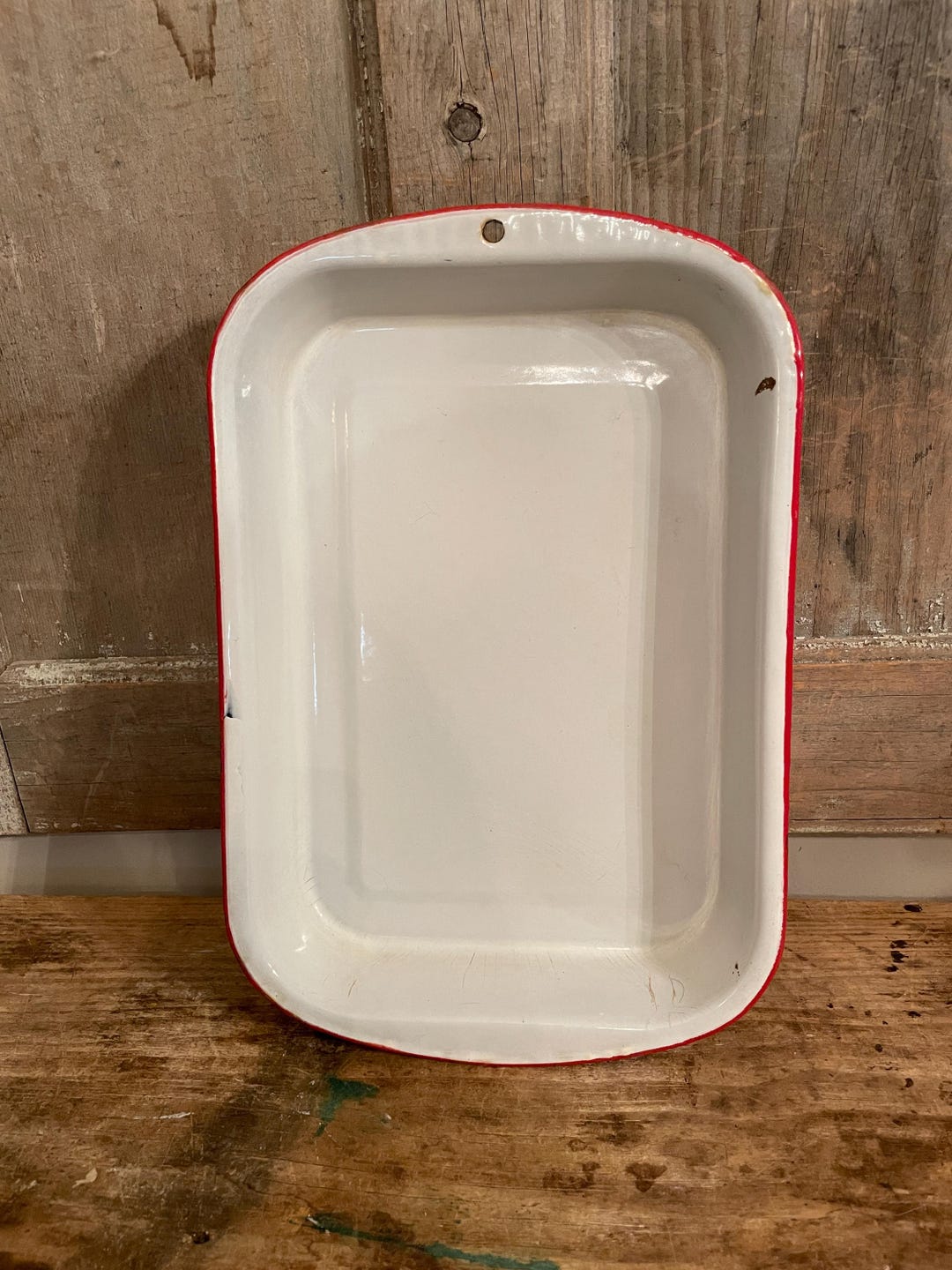 Vintage Large Enamelware Baking Pan 1940's White and Red Enamelware ...
