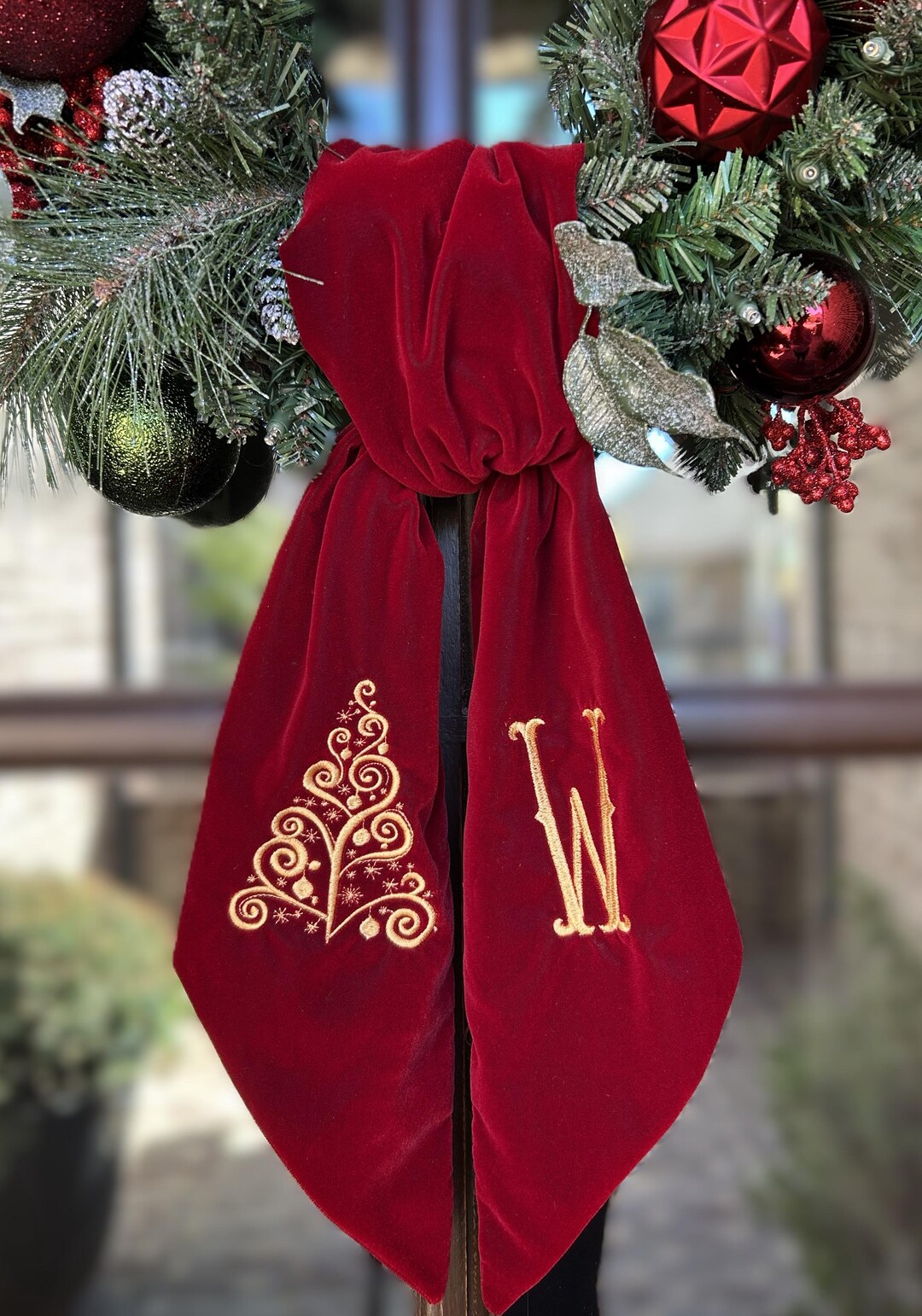 RUSH ORDER Red Velvet Christmas Wreath Sash: Embroidered Christmas Tree ...