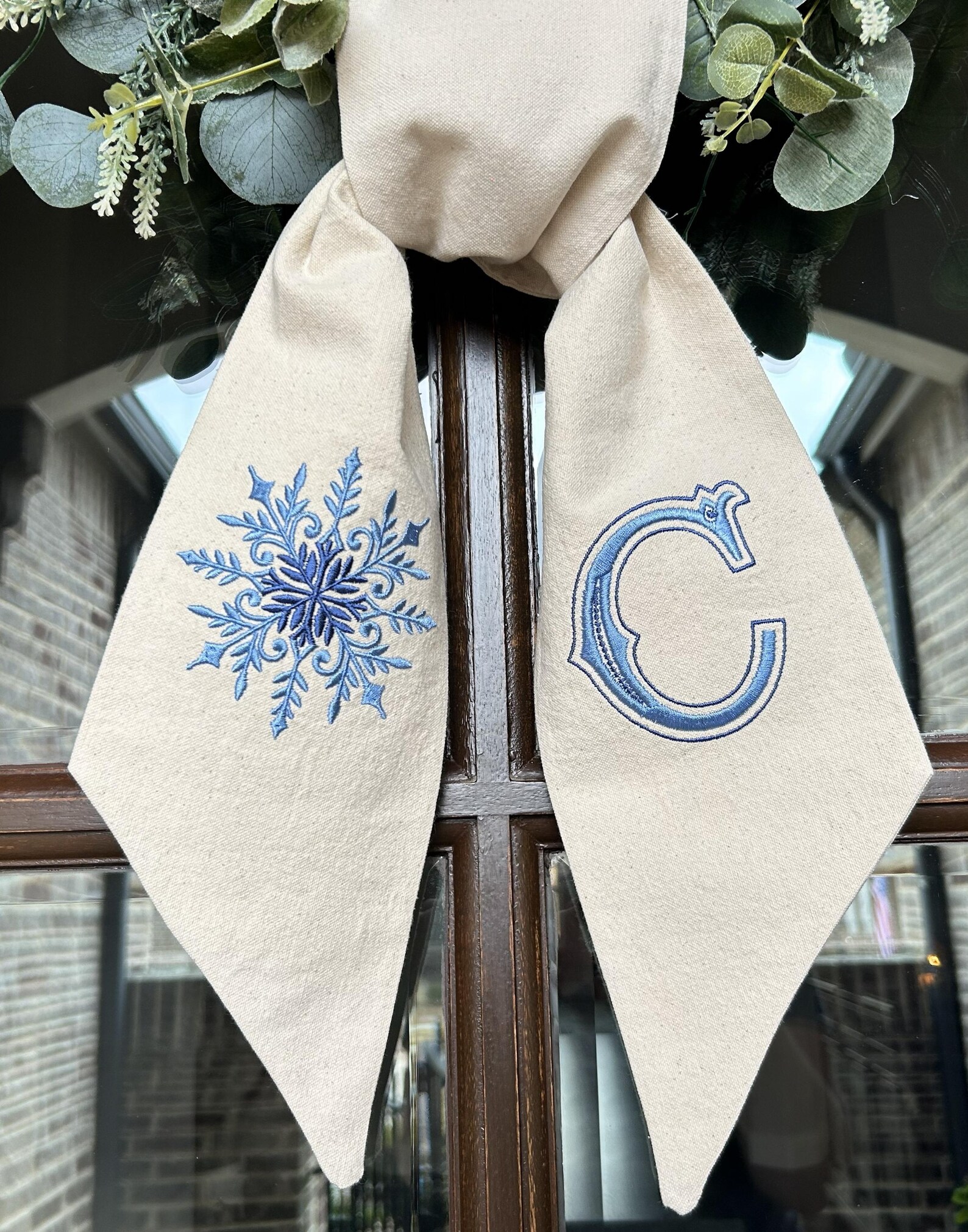 Blue Snowflake Winter Wreath Sash - Embroidered Custom Monogram Door ...