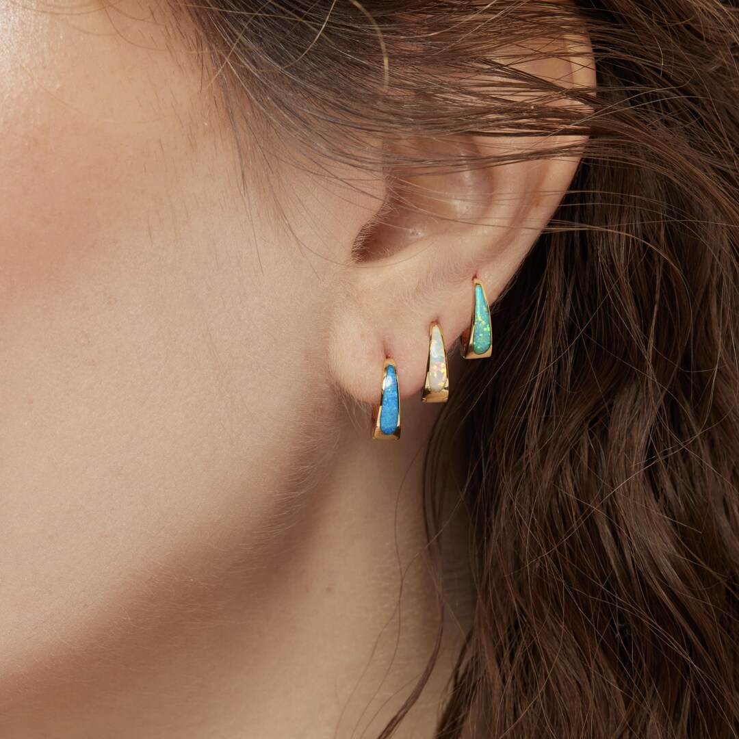 Dainty Opal Huggie Hoop Earrings Sterling Silver S925 18k Gold ...