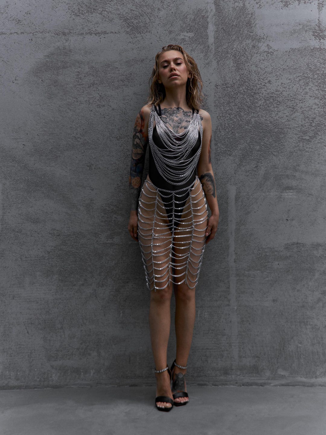 Bold Chainmail Festival Dress, Futuristic Chest Harness & Layered ...