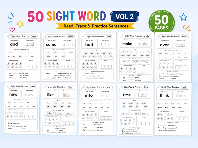 Sight Words Practice Worksheets Vol 2 | 50 Kindergarten Sight Words ...