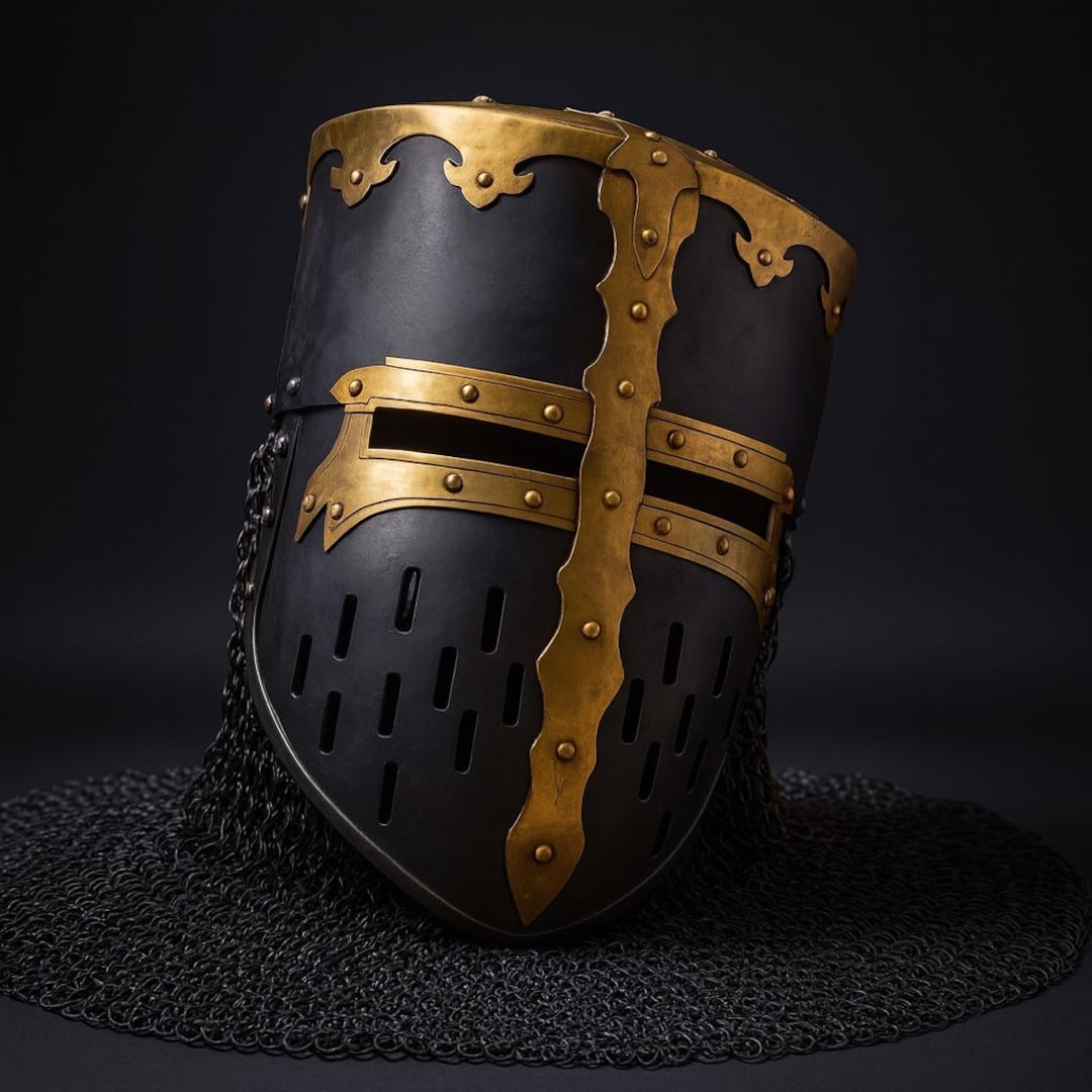 Medieval Crusader Great Helm With Brass Chainmail Knight Helmet Replica ...