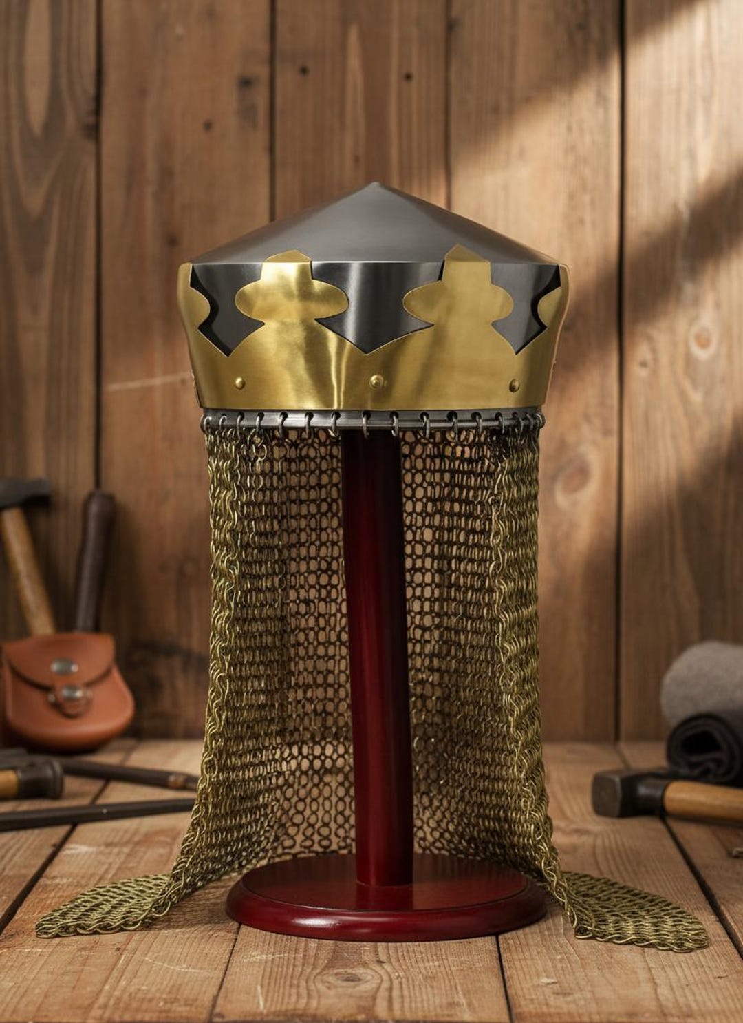 Medieval Crown Helmet With Chainmail Aventail Brass, Steel Crusader ...