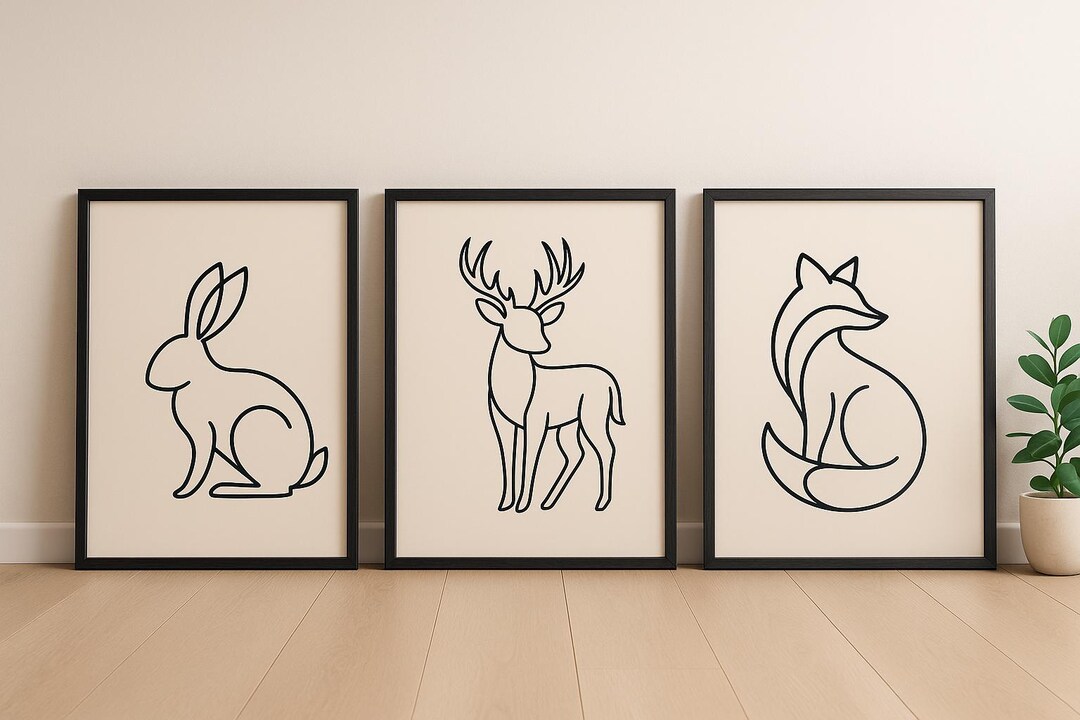 Minimalist Animal Prints Set: Fox, Deer, Rabbit Line Art (digital ...