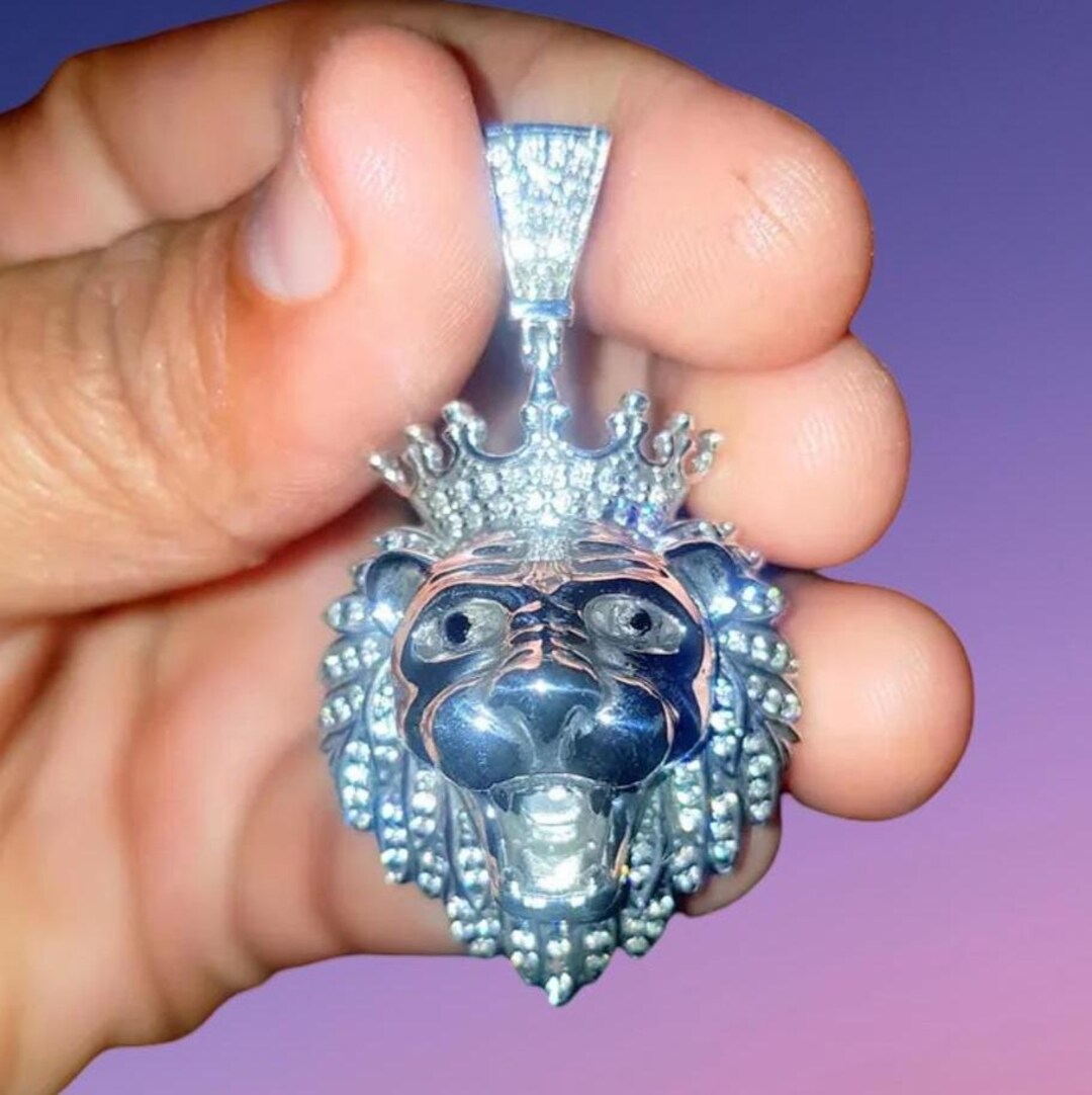 Diamond Iced Out Crown Lion Head Pendant Round Cut Simulated Diamond ...