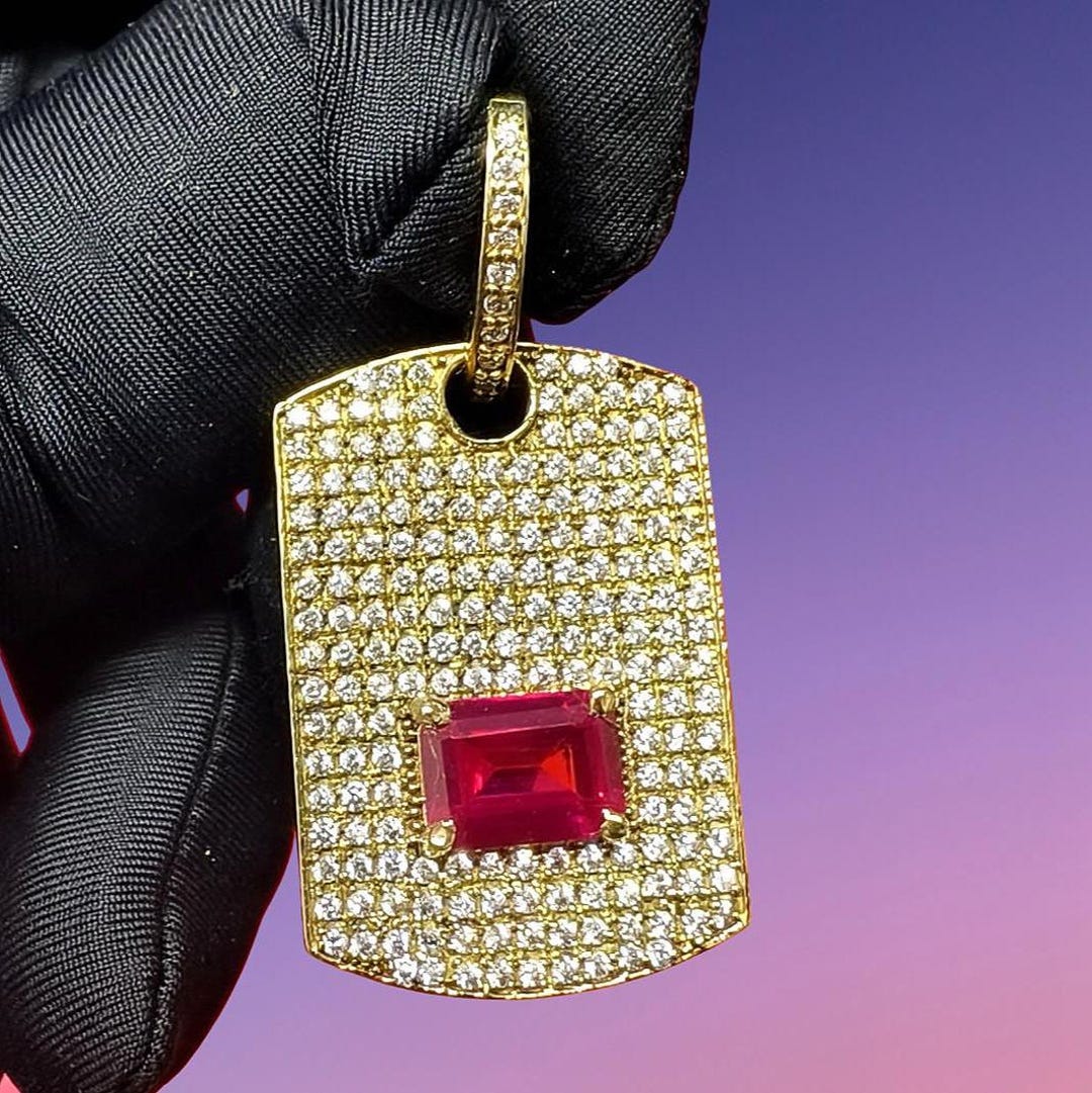 Ruby Emerald Cut Dog Tag Pendant Simulated Red Ruby Pendant 14K Yellow ...