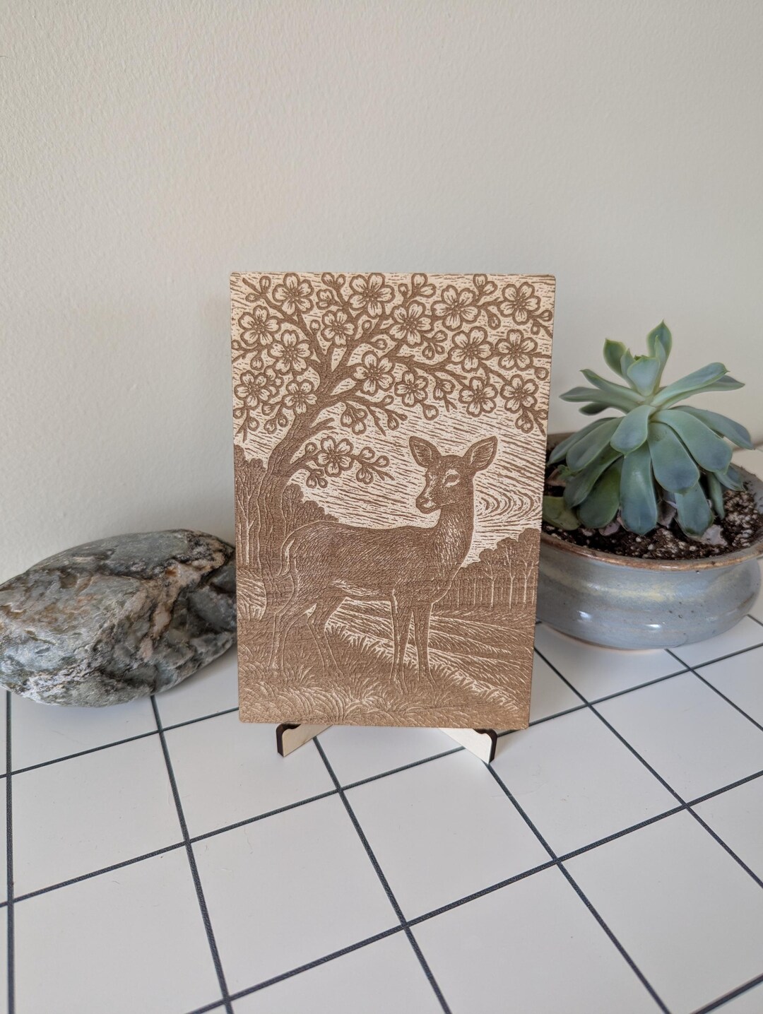 Deer With Cherry Blossom, Woodcut Engraving, Wall Art - Etsy