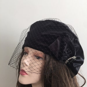 Black Velvet Beret With a Bow- Funeral Veil Hat- Merry Widow Ceremony ...