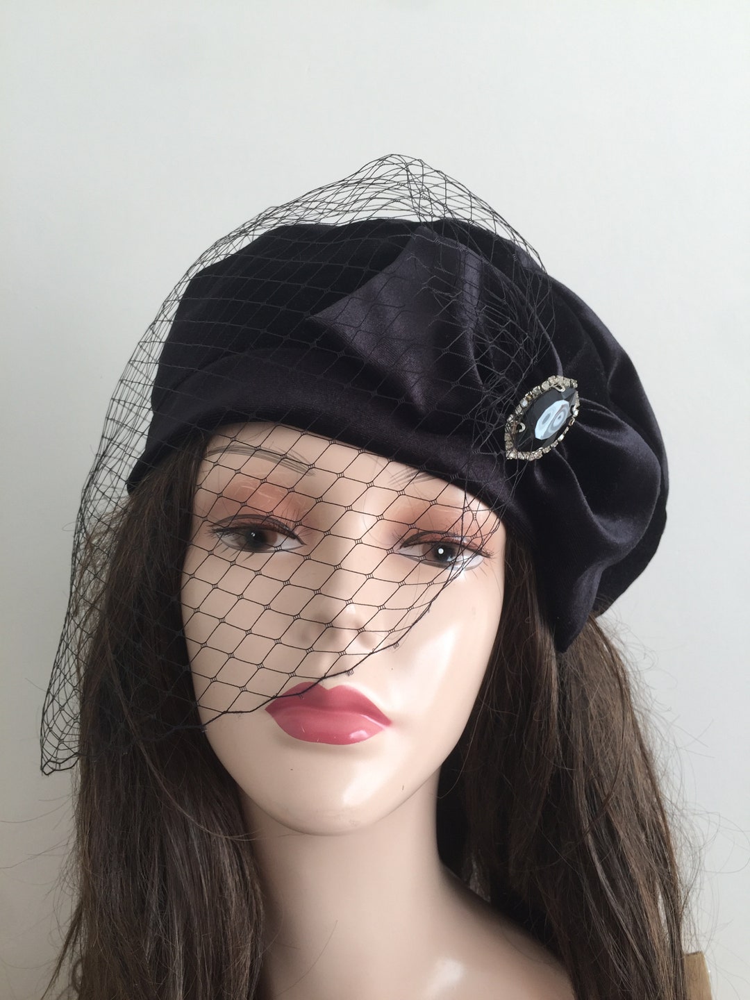 Black Velvet Beret With a Bow- Funeral Veil Hat- Merry Widow Ceremony ...