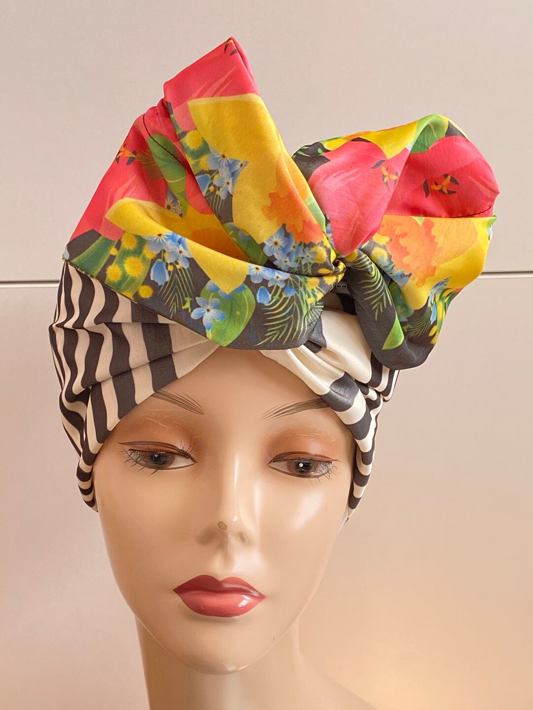 Black and White Wire Top Knot Turban With Flowers- Fashion Full ...